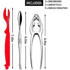 YGAOHF Crab Crackers and Tools, 12 Pcs Professional Seafood Tools Set includes 3 Crab Crackers, 3 Lobster Shellers, 3 Crab Leg Forks/Picks, 3 Disposable Lobster Bibs and Storage Bag, Dishwasher Safe
