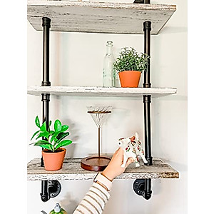3-Tier Industrial Shelves – Wall-Mount, Farmhouse Shelves w/ Rustic Wood and Black Matte Pipe Brackets for Kitchen, Laundry Room, Living-Room and More – Decorative, Retro Bookshelf - Rustic White
