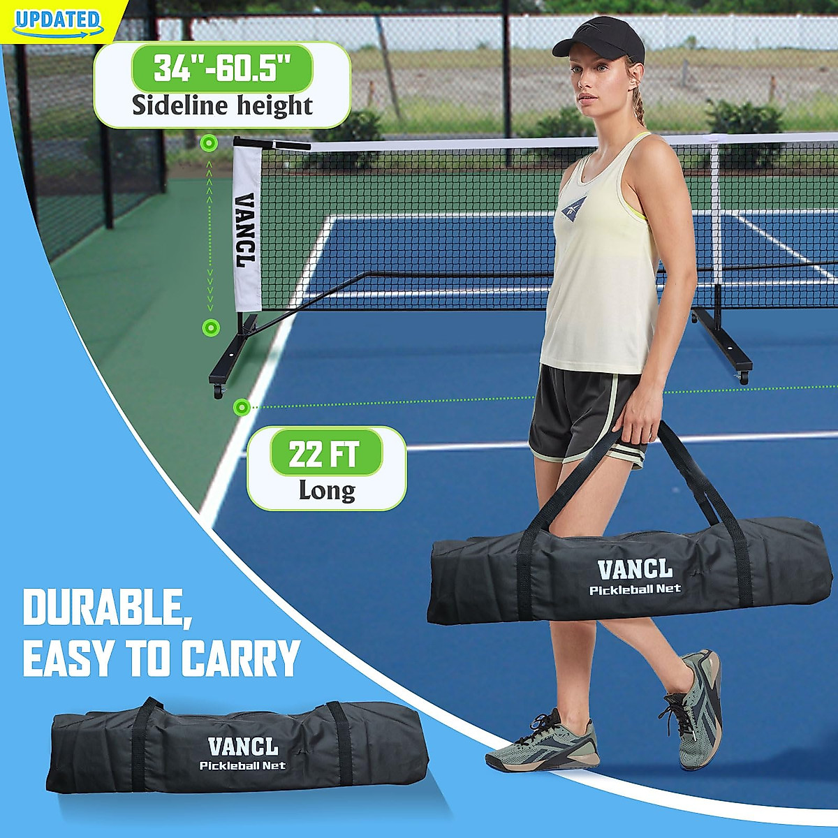 VANCL Badminton Pickleball Net with Wheels Movable, Deluxe Heavy Duty Pickleball Net System 22 Feet Pickleball Net for Driveway, Adjustable Strong Nylon Net Pickleball Net Portable Outdoor