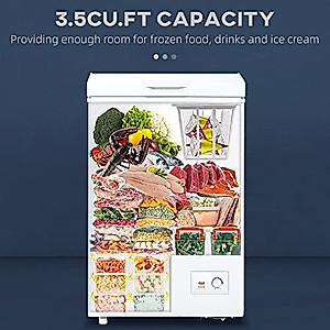 HOMCOM Compact Chest Freezer 3.5 Cubic Feet with Removable Basket, Mini Deep Freezer with Single Door 7 Temperature Setting, Drain Hole for Apartment, Kitchen, or Home Office, White