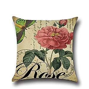 Calcifer 18 x18 Inch (45x45cm) Romantic Rose Flowers Durable Cotton Linen Throw Pillows Sheel Case Cushion Covers for Home Sofa Decorative (Set of 4) (Style A)