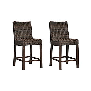 Signature Design by Ashley Paradise Trail Square Bar Table with Fire Pit, Medium Brown & Paradise Trail Outdoor 27.5" Wicker Patio Barstool, 2 Count, Brown
