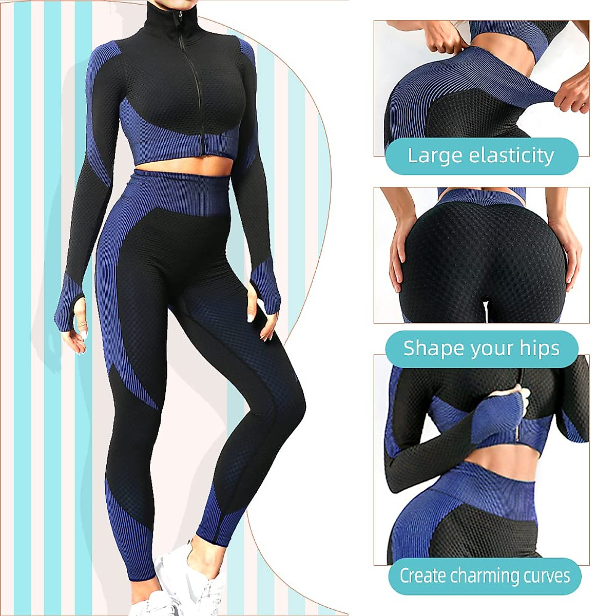 SINBRLAI Women's 3pcs Seamless Workout Outfits Sets, Yoga Sportswear Tracksuit Leggings and Stretch Sports Bra Fitness