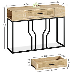 IHEX Rattan Console Table, 40" Sofa Table Narrow Entryway Table with Drawer and Storage, Boho Hallway Table Home Furniture for Living Room Foyer, Natural