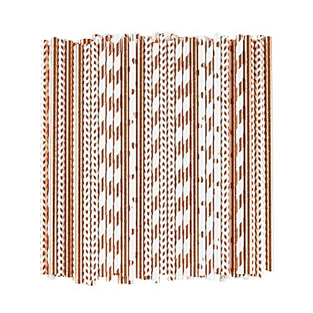 ALINK Biodegradable Rose Gold Paper Straws Bulk, Pack of 100 Metallic Foil Striped/Wave/Heart Straws for Birthday, Wedding, Bridal/Baby Shower, Christmas Decorations and Party Supplies