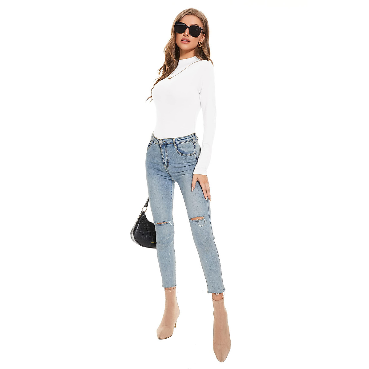 Women's Long Sleeve Turtleneck Layering Tops Classic Mock Neck Slim Fitted Undershirts White X-Large