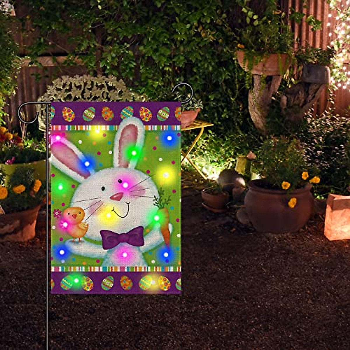 Easter Lighted Garden Flag 12x18 Double Sided Easter Garden Flag with led Lights Vertical Easter Bunny Rabbit Yard Flag for Spring Easter Garden Yard Outdoor Decorations