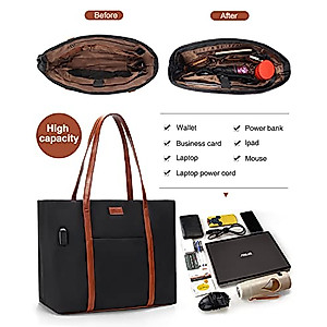 Laptop Tote Bag for Women Teacher Work Office USB Bags Fits 15.6 inches Laptop Lightweight Water Resistant Nylon Tote Bag (Black and Brown Strap)