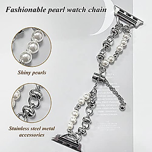 Maymosa Beaded Bracelet Compatible for Apple Watch Band Series Ultra Se 8 7 6 5 4 3 2 1 Pearl Stainless Steel Metal Handmade Beaded Strap 38mm 40mm 41mm, Adjustable Replacement Strap for Women
