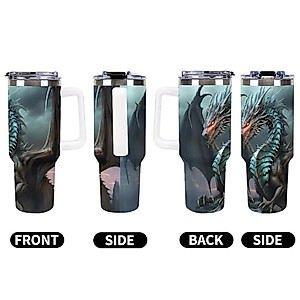 QWJKM Cool Dragon Tumbler with Handle Large Insulated Car Cup 40 OZ Stainless Steel Travel Mug Leak Proof Water Bottle with Lid And Straw for Car Home Office Gifts