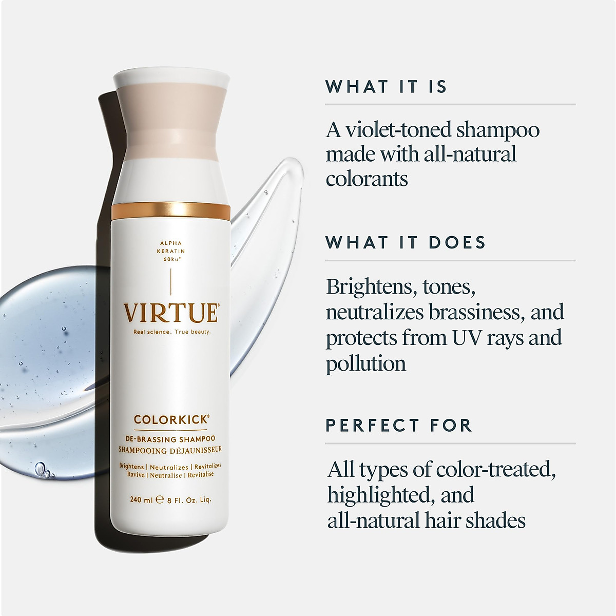 VIRTUE De-Brassing Shampoo, Natural Color Toner, Brightens and Revitalizes All Color-Treated Hair, ColorKick, 8 Fl Oz