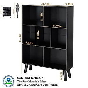 YAHARBO Black Bookshelf,3 Tier Modern Bookcase with Legs,Bookshelves Wood Storage Shelf,Rustic Open Book Shelves Cube Organizer,Free Standing Short Bookcases for Small Space,Bedroom,Living Room,Office