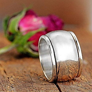 Boho-Magic 925 Sterling Silver Spinner Dome Ring for Women Fidget Ring Band Wide Hammered (8)