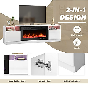 EROMMY 70'' Fireplace TV Stand with 36'' Electric Fireplace, Entertainment Center with 16 Color Led Lights and 12 Flame Fireplace Insert Heater, White TV Console for TVs up to 80'' for Living Room