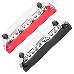 ROYFACC Bus Bar Power Distribution Block 4 x 1/4" Studs 6 x M4 Screw Terminal Block with Cover 150 Amp Rating for Car Boat Marine Caravan RV (Black + Red)