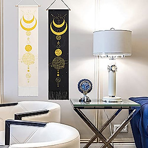 Lourny Sun and Moon Phase Wall hanging - 2 Pcs Long Black and White Tapestry Starry Night Sky Small Tapestries Decor for Bedroom Living Room(Black+White Moon)