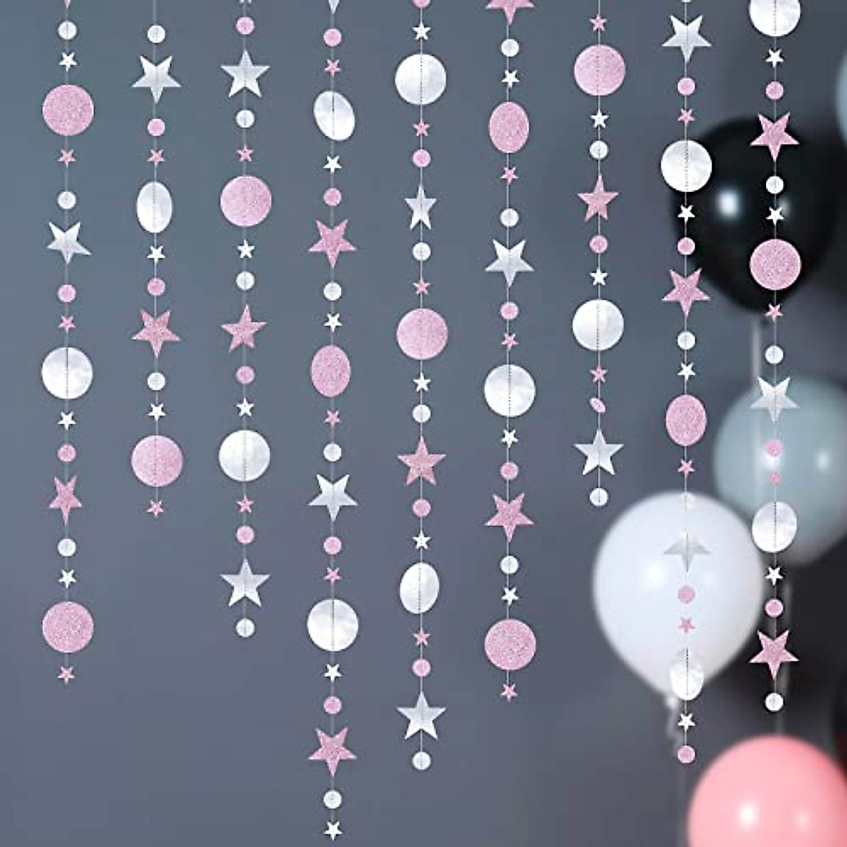 Glitter Star Circle Dot Garland, Twinkle Little Star Party Decoration Hanging Streamer Backdrop Banner, for Wedding Baby Shower Christmas Birthday Party Decor Supplies, 3 String Totle 39 Feet (Pink)