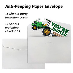 Cusrtyh 15 Sheets Tractor Party Celebration Invitations card with with 15 Envelopes，Green Tractor Birthday Party，Farmer Tractor Party Celebration Invitation cards， Birthday Party Supplies