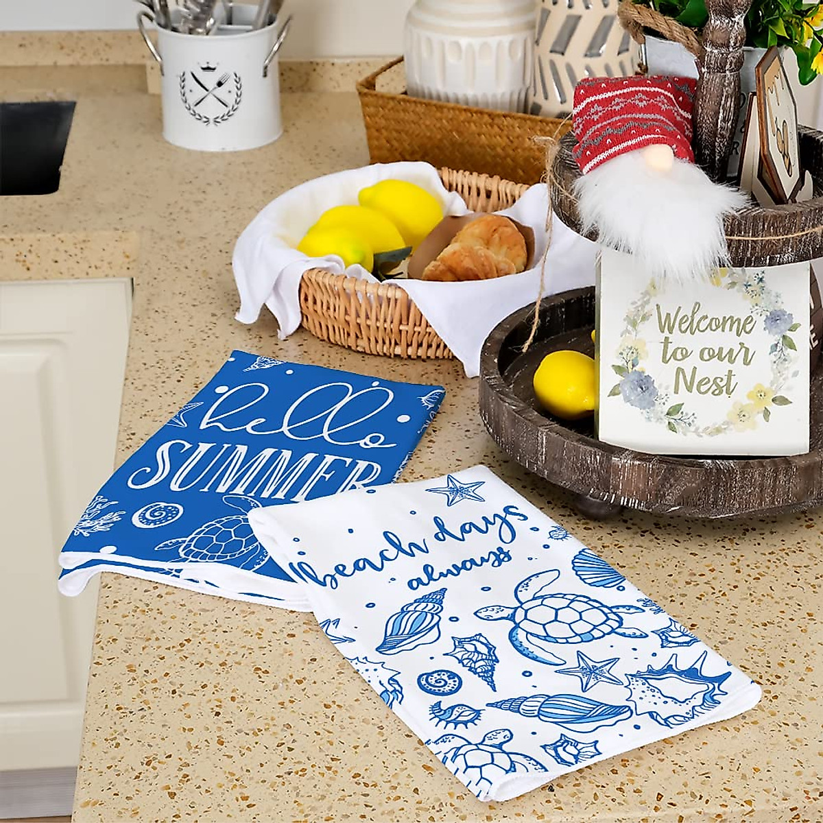 GEEORY Kitchen Towels for Summer Decor Beach Ocean Dish Towels 18x26 Inch Ultra Absorbent Bar Drying Cloth Hand Towel for Kitchen Bathroom Party Home Decorations Set of 2