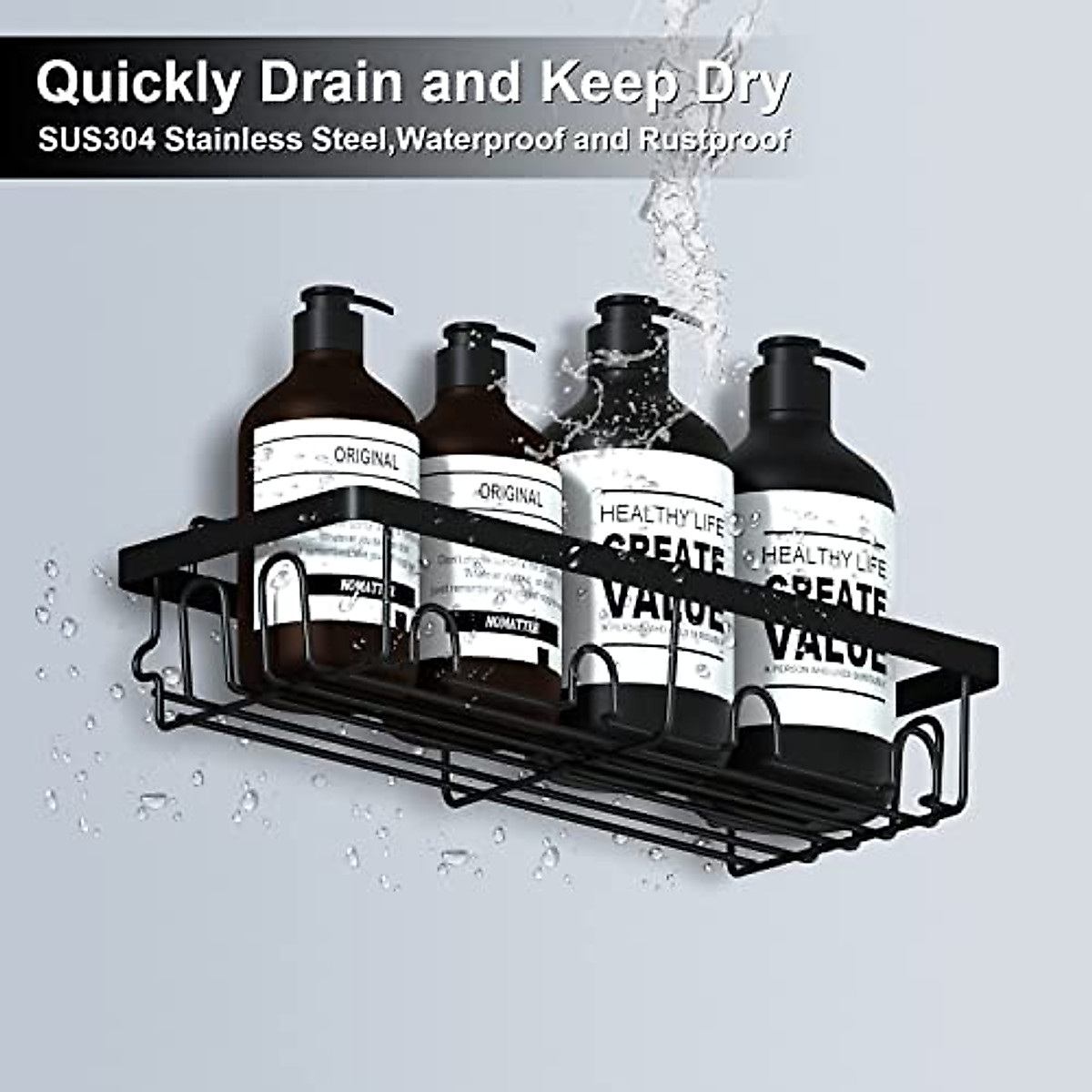 AilyHooms Shower Caddy Bathroom Shower Organizer - 3 Pack Adhesive Shower Shelves With 18 Hooks - No Drilling Wall Mounted Shower Storage Stainless Steel Rustproof Basket Rack for Bathroom Kitchen