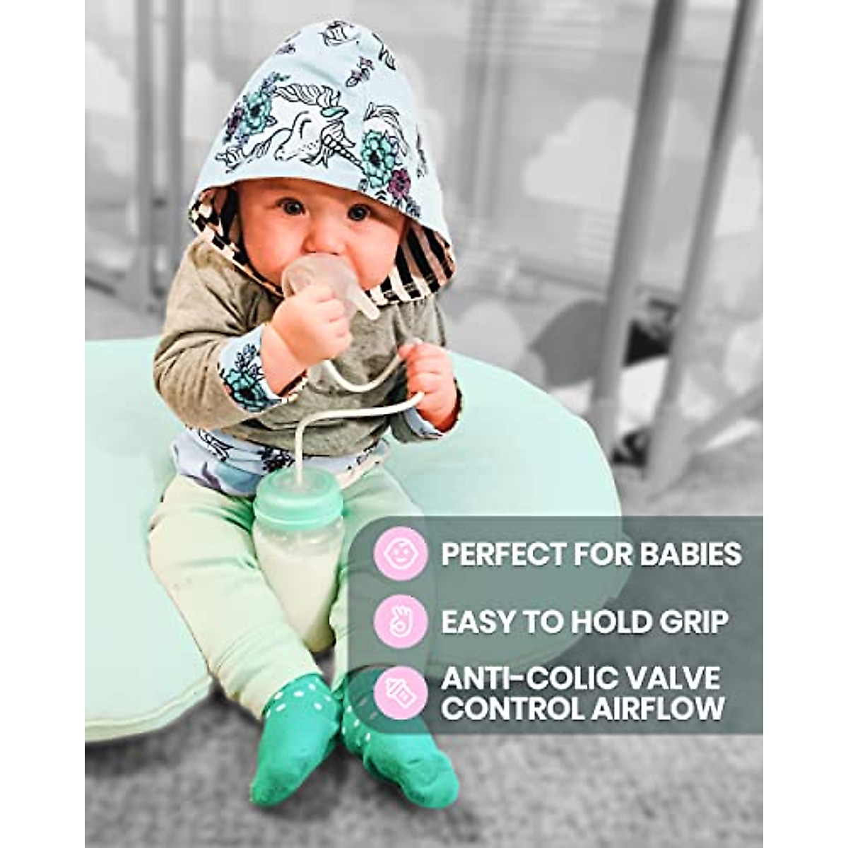 Skywin Self Feeding Baby Bottle with Straw 8oz Bottle Holder for Baby, Anti Colic, for Convenient Feeding (Green)