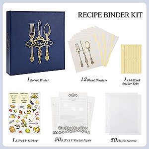 COFICE Recipe Binder – 8.5x11 3 Ring Blank Family Recipe Book Binder Kit to Write in Your Own Recipes with PU Faux Leather Cover and Plastic Sleeves (Navy Blue)