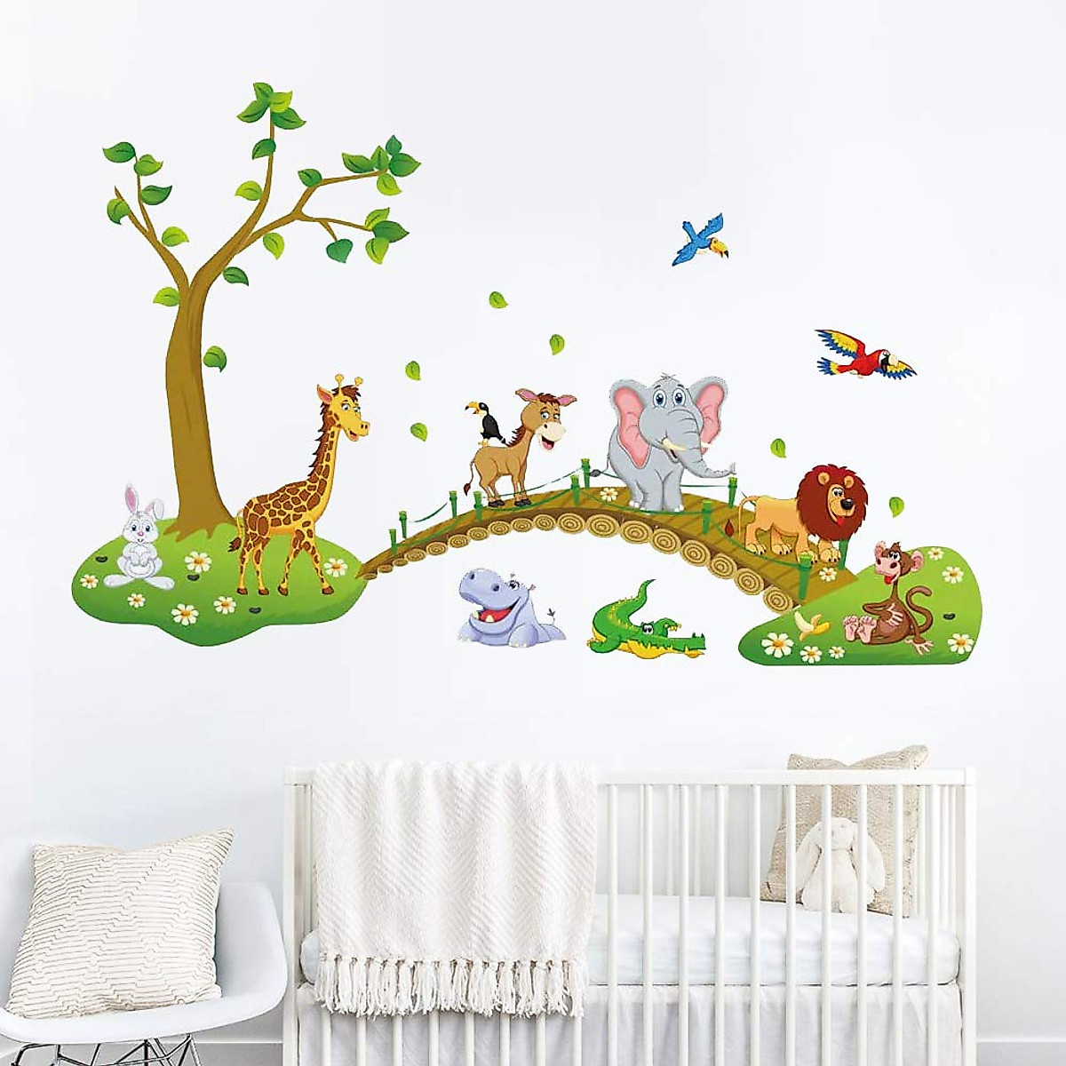 Runtoo Jungle Animals Wall Decals Monkey Elephant Giraffe Wall Art Stickers Kids Baby Nursery Playroom Home Décor