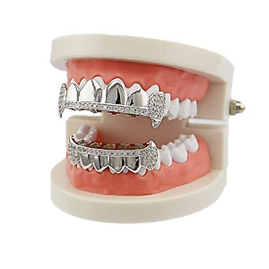 Psivika Gold Plated Shiny Hip Hop Teeth Grillz Caps Iced Out CZ Top and Bottom Vampire Fangs Grillz with Diamonds for Your Teeth for Men and Women (Silver)