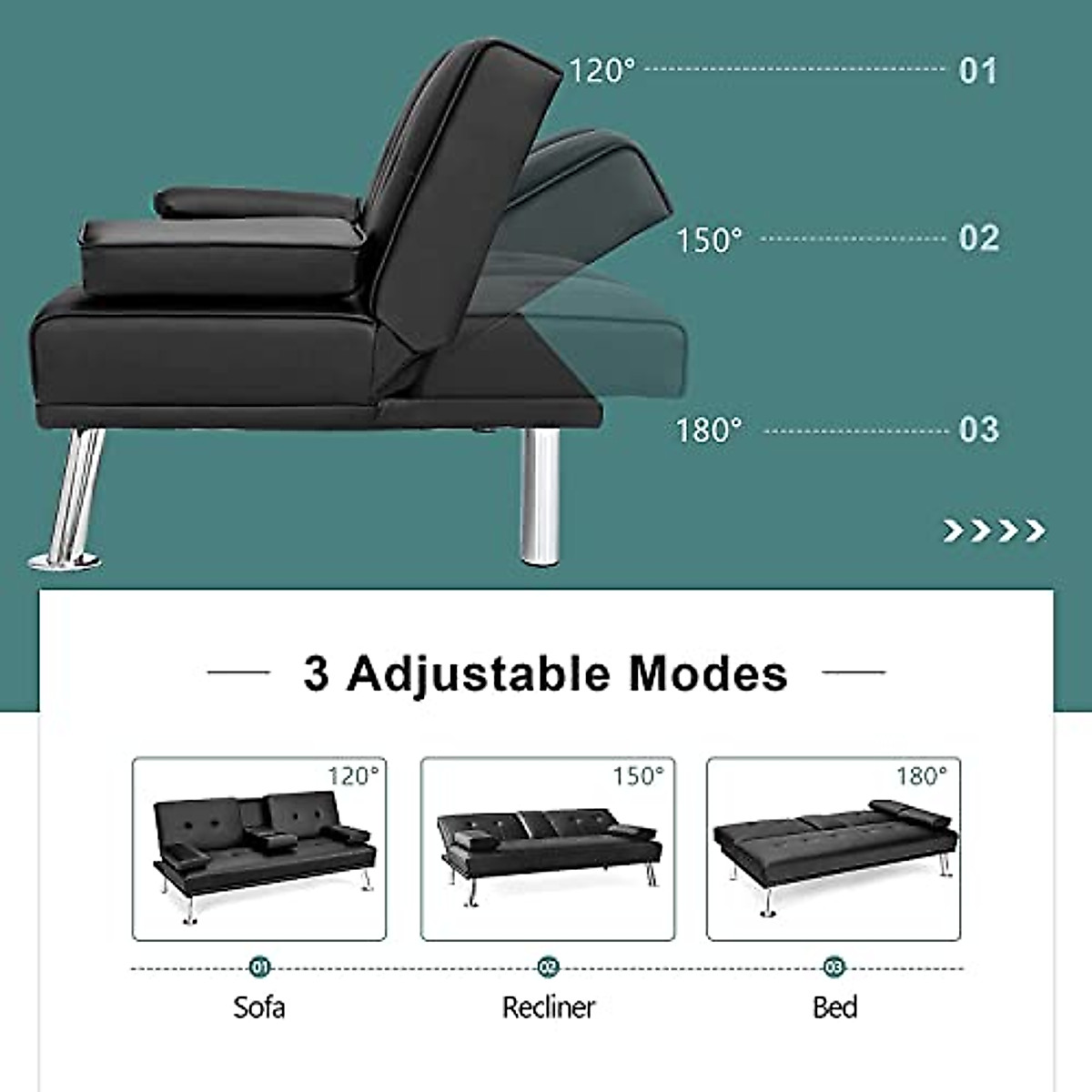Anwick Modern Leather Futon Sofa Bed,Convertible Folding Couch Recliner Sleeper Loveseat for Small Space,Apartment,Office,Dorm,with Cup Holders and Removable Armrest Black (Black)