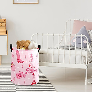 Cowgirl Boot Pink Personalized Laundry Basket Hamper,Collapsible Storage Baskets with Handles for Kids Room,Clothes, Nursery Decor