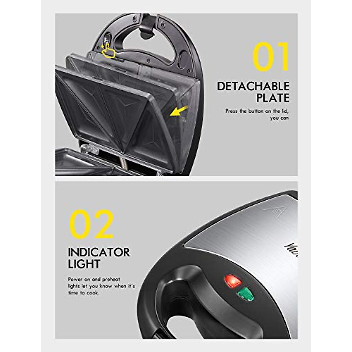 Yabano Sandwich Maker, Waffle Maker, Toaster and Electric Panini Press Grill with Non-stick Coating Plate, Easy to Clean, Heating Up Fast, Black