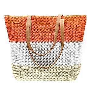 CIOOU Large Straw Tote Bag for Women Rattan Woven Beach Bag Summer Colored Stripe Shoulder Bags (orange beige nature bag totes)