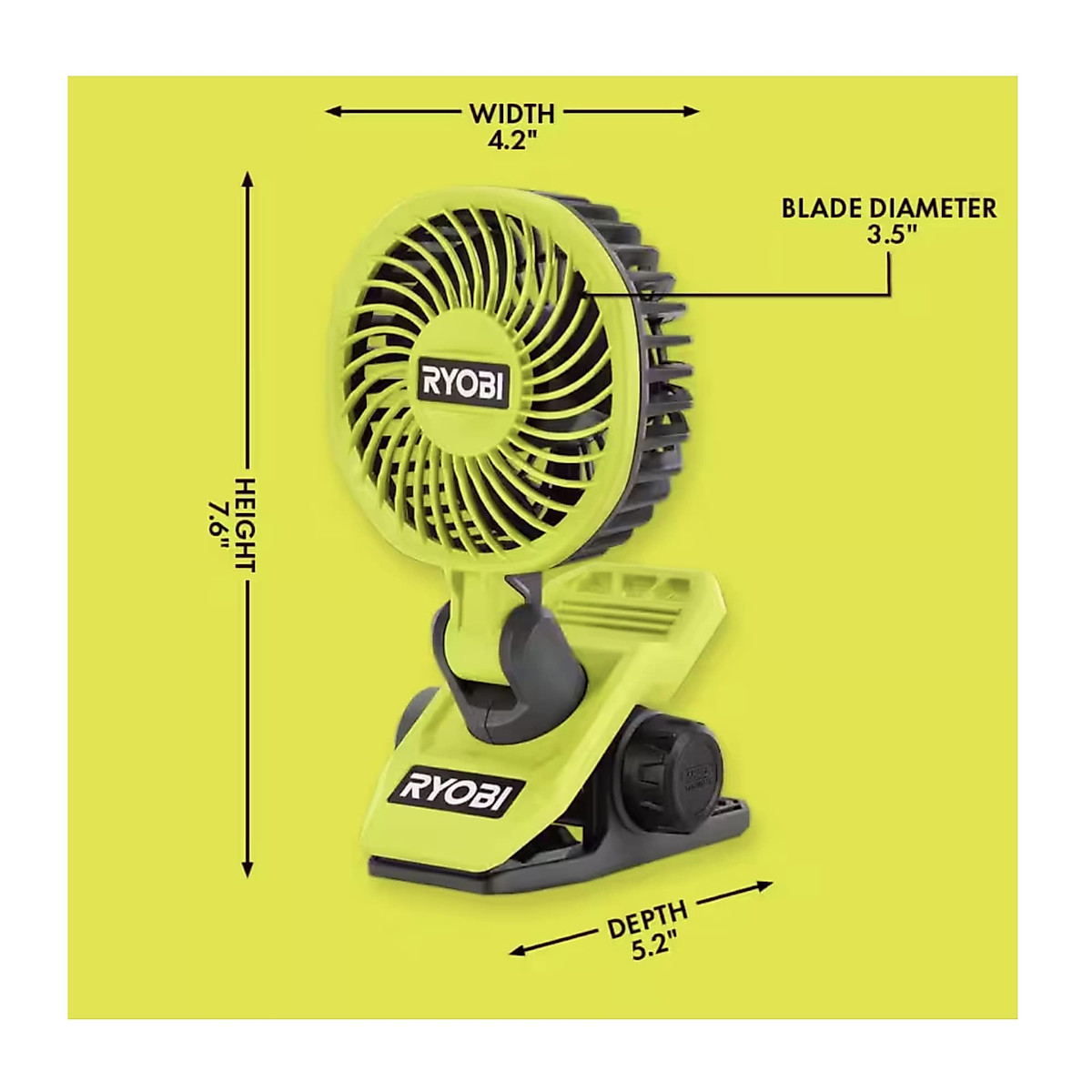 Buho Clamp Fan Accessory Bundle - Ryobi USB Fan Powerful Cooling Adjustable Head Multi-Directional Airflow 2 Speed Settings 135 CFM 7 Hours Runtime Clamping Capacity Zipper Pouch