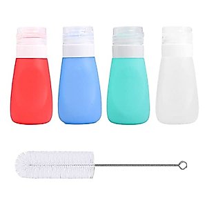 Timiuu Squeeze Salad Dressing Bottles with Cleaning Brush | Portable Sauce Bottles Condiment Bottles | Dressing to Go for Lunch | 3 OZ, Set of 4 | Food-Grade Silicone, BPA Free