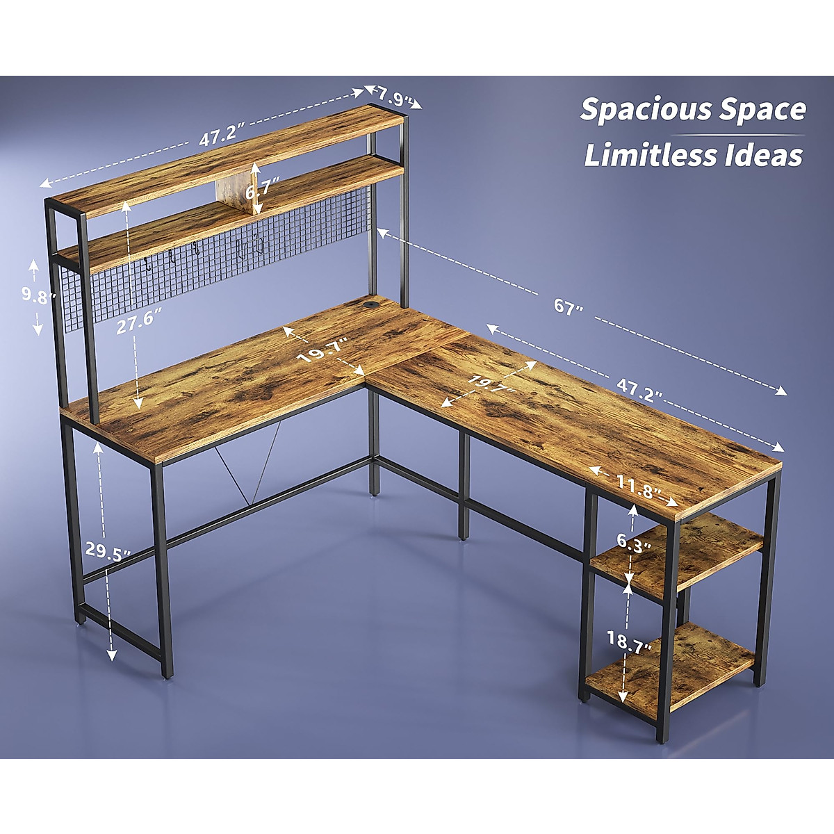VEELOK L Shaped Desk with Hutch - 67" L Shaped Gaming Desk with LED Lights, Corner Computer Desk with Storage Shelves, L Shaped Office Desk with Pegboard, Rustic Brown