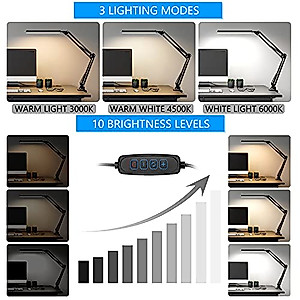 TROPICALTREE LED Desk Lamp, Swing arm Desk Light with clamp, 3 Lighting 10 Brightness Eye-Caring Modes, Reading Desk Lamps for Home Office 360 Degree Spin with USB Adapter & Memory Function black-14W