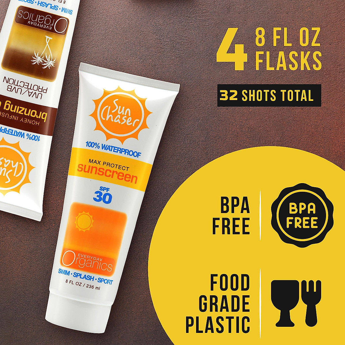 Smuggler's Delight Sunscreen Hidden Alcohol Flask for Cruise Ships & Concerts, Bronzing Oil & Sunscreen Flasks for Hidden Liquor, Set of Four 8oz Bottles, 32oz Total