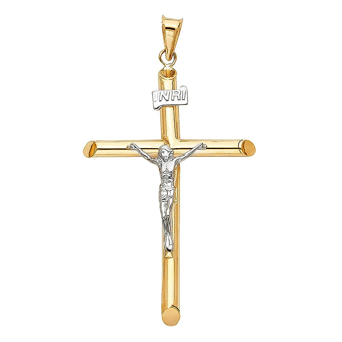 14k Two Tone Gold Religious Crucifix Cross Charm Pendant - 58 X 28 MM Real Gold Jesus Cross Necklace Pendant - Best Gift for Men and Women