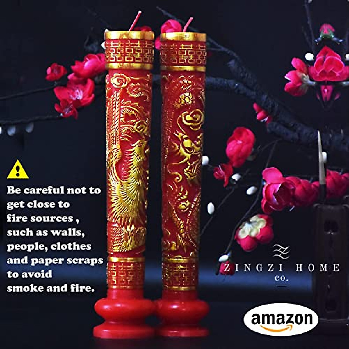 ZINGZIHOME Chinese Dragon and Phoenix Wedding Candles Red Traditional Double Happiness 1 Pair, 9.84 Inch Tall x 2 Inch Diameter, Great for Chinese Weddings Decoration as Well as Special Events