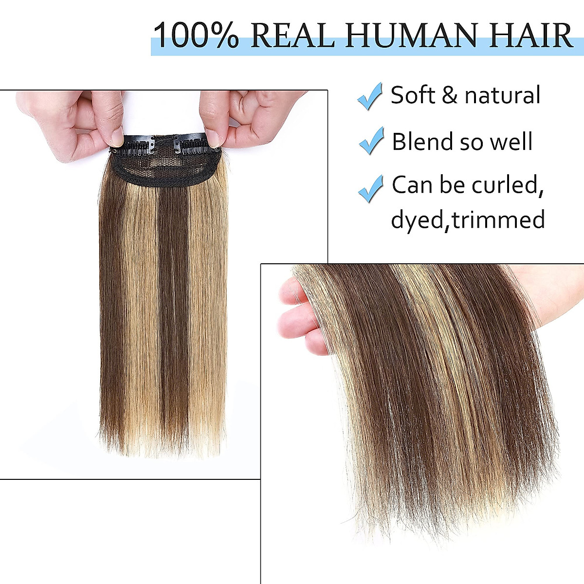 SEGO 2 Pcs Short Hair Extensions Clip in Human Hair 6 Inch 20g Hairpiece Human Hair Toppers for Women With Thinning Hair Adding Hair Volume -#4P27 Medium Brown&Dark Blonde