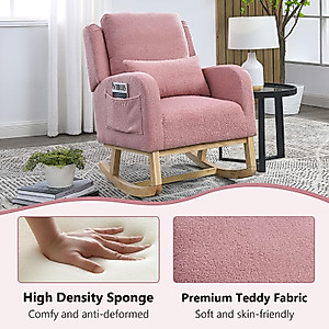 NIOIIKIT Nursery Rocking Chair, Modern High Back Armchair with Side Pockets, Glider Rocker with Padded Seat, Lumbar Pillow and Wood Base, Accent Chair for Living Room, Bedroom (Pink Teddy)