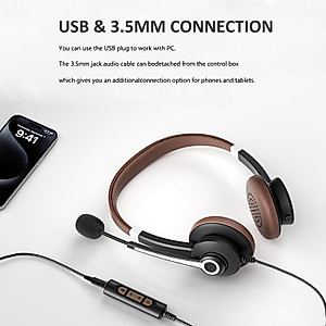Arama USB Headset with Microphone Noise Cancelling & in-line Call Controls, Ultra Comfort 3.5mm Wired Headset for Cell Phone, Computer Headset with Mute for PC Laptop Skype Webinar Home Office