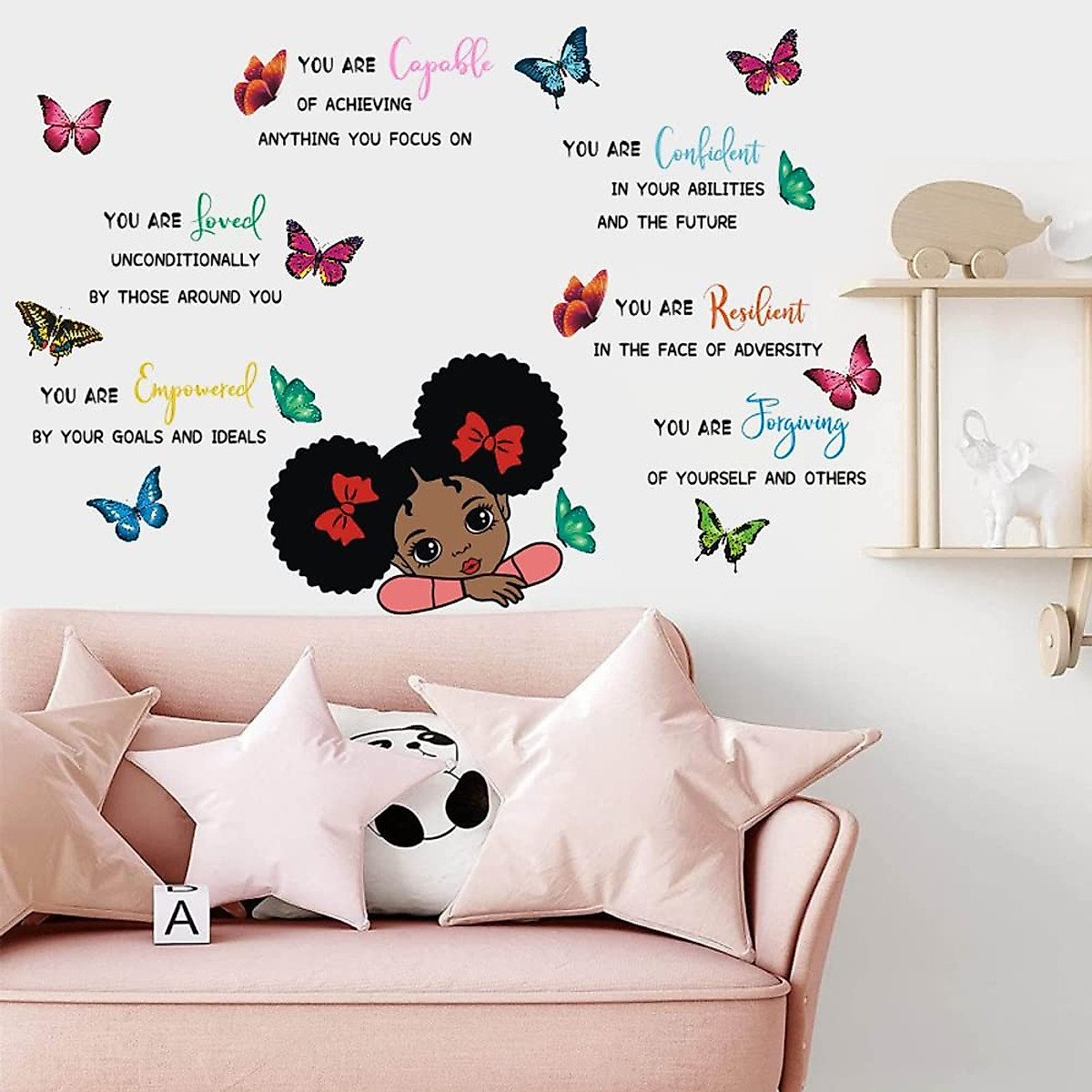 Black Girl Magic You Are Capable Confident Butterfly Inspirational Quotes Wall Decals, Pink Room Deor Motivational Saying African American Wall Sticker for Nursery Living Room Woman Bedroom Wall Decor