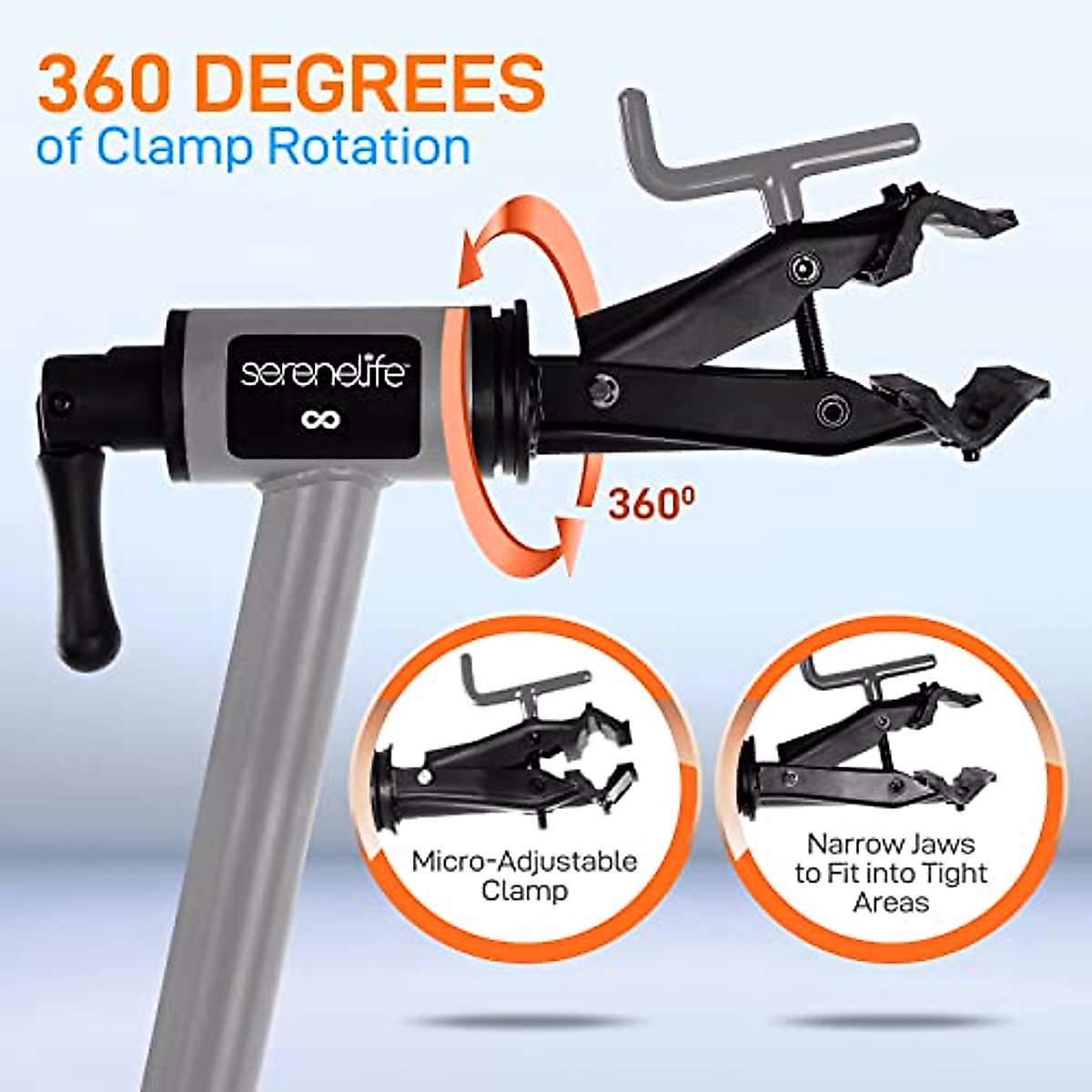 SereneLife Home Mechanic Bicycle Repair Stand - Height Adjustable, 360° Clamp Rotation w/Upgraded Collar & Leg Supports, Holds Up to 80 lbs, Mountain Bike Holder Cleaning or Maintenance Tool Kit