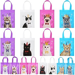 24 Pcs Cat Party Favor Bag Cute Cat Goodie Bags Pet Party Favor Bags Cat Themed Party Treat Bags Non Woven for Baby Shower Birthday Party Decoration Supplies