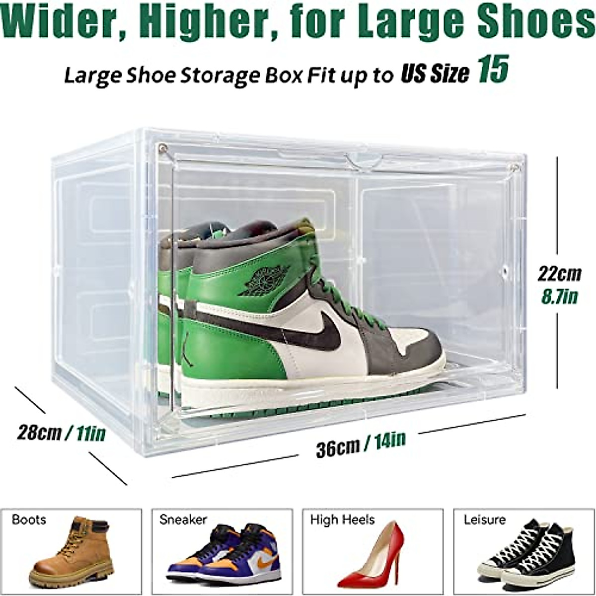EZLucky 3 Pack Large Shoe Boxes Clear Plastic Stackable, Side Open Shoes Organizer with Magnetic Door, Clear Shoe Boxes Stackable for Display Sneakers, Fit Shoe Size Up to US 15 (14.2x11x8.7in)