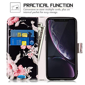 JanCalm Compatible with iPhone XR Case, Floral Pattern Premium PU Leather for iPhone XR Wallet Case [Card/Cash Slots] Stand Flip Cover Protective for iPhone XR (Black/Flower)