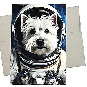 Westie Astronaut in Space Card (1 Premium Folded Card, Blank Inside, 5X7 Inches) West Highland White Terrier in Outer Space Birthday Card or Graduation Note - 1007