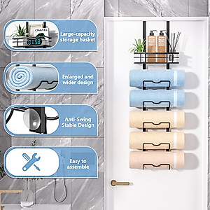 Xstydes 6-Tier Over The Door Towel Rack,Towel Racks for Bathroom, Metal Towel Holder with Storage Basket,Towel Storage for Small Bathroom,Towel Rack for Rolled Towels,Black