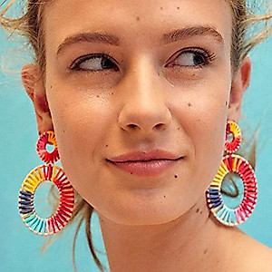 Statement Rattan Raffia Hoop Drop Earrings for Women Geometric Handmade Colorful Rainbow Earring